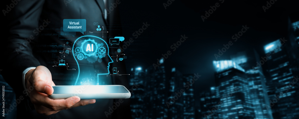 Human interact with AI artificial intelligence virtual assistant chatbot in concept of AI ...