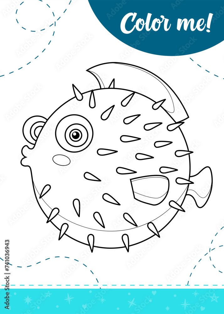 Coloring page for kids with cartoon puffer fish. A printable worksheet ...