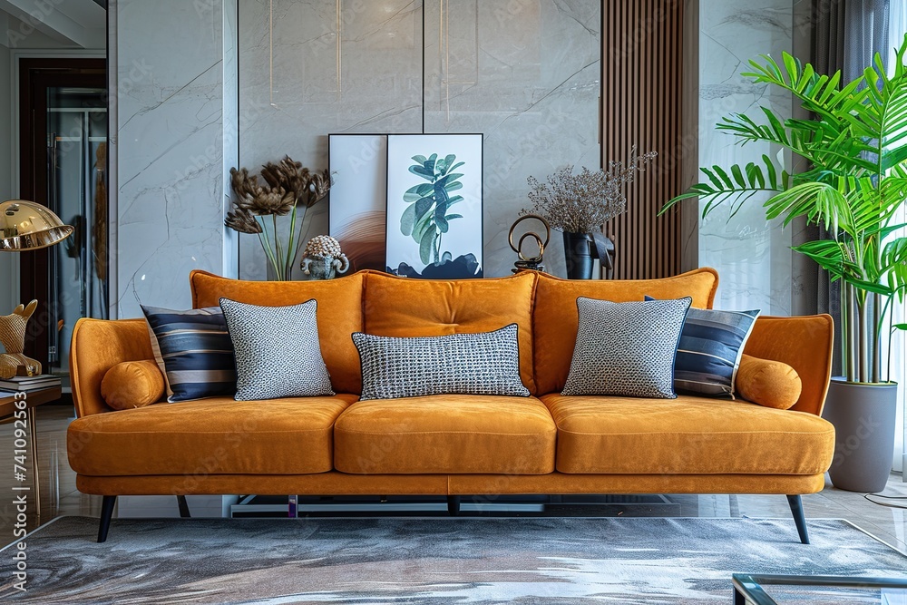 Modern living room interior with stylish comfortable sofa. Banner ...