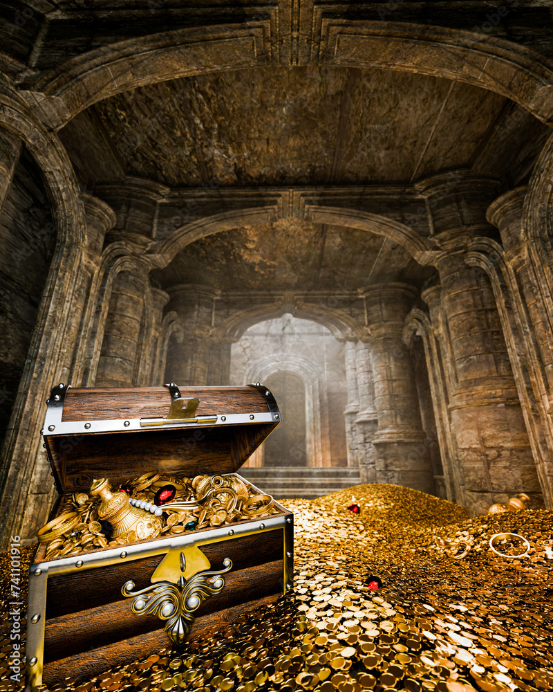 Illustration Stock Treasury hall. treasure trove of gold coins And chests and treasure boxes ...