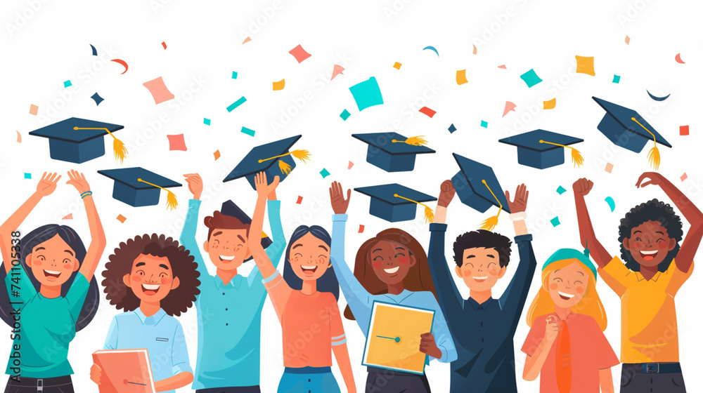 University graduation celebration. Group of cheerful student throwing ...