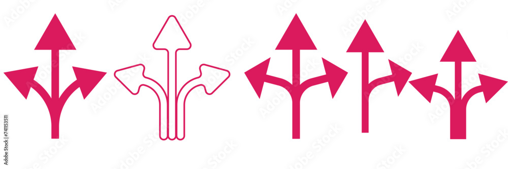 Choice between three roads icon set. Three-way directional arrow. Way, road, direction ...
