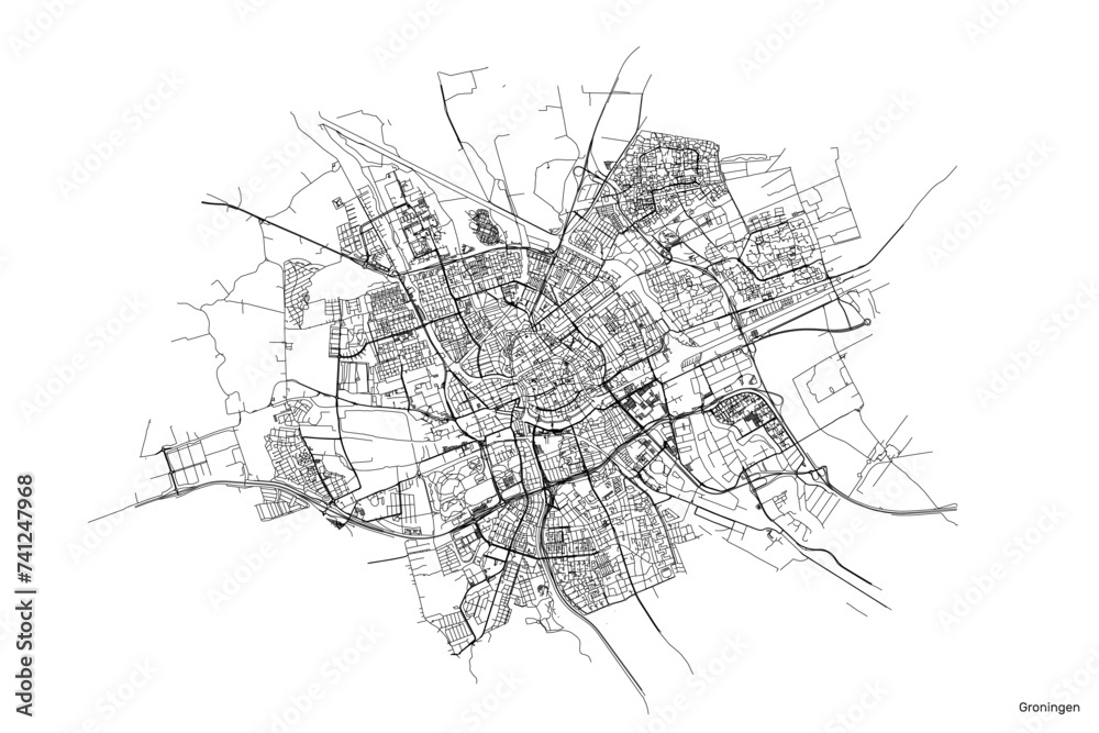 Groningen city map with roads and streets, Netherlands. Vector outline ...