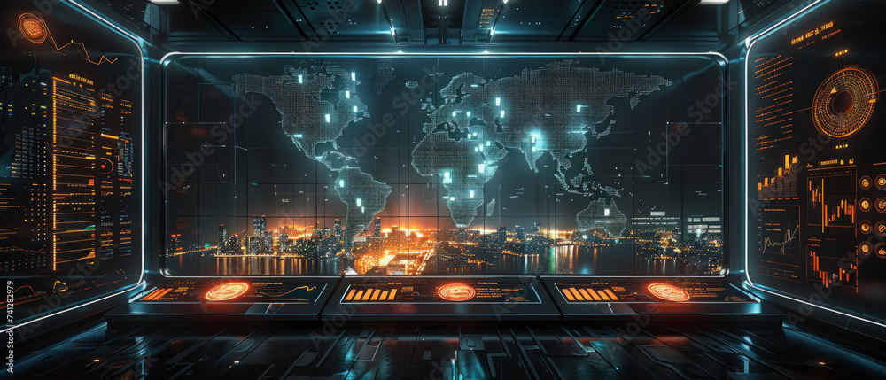 Futuristic control room with a vast digital world map illuminated on a large screen, displaying ...
