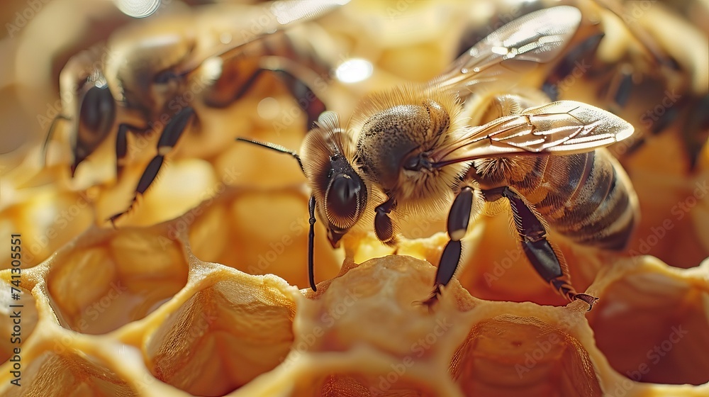 Honey bees in close-up on a wax honeycomb background with hexagon ...