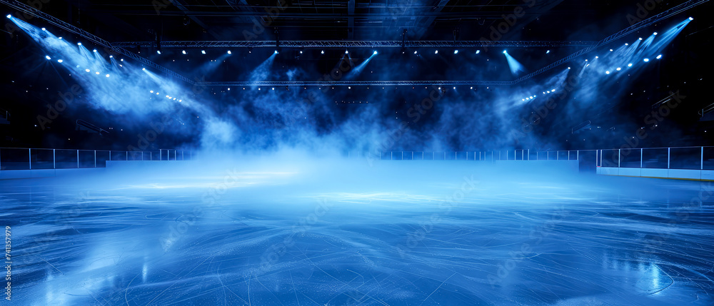 Blue Ice Rink Background. Professional Arena illuminated neon lights ...