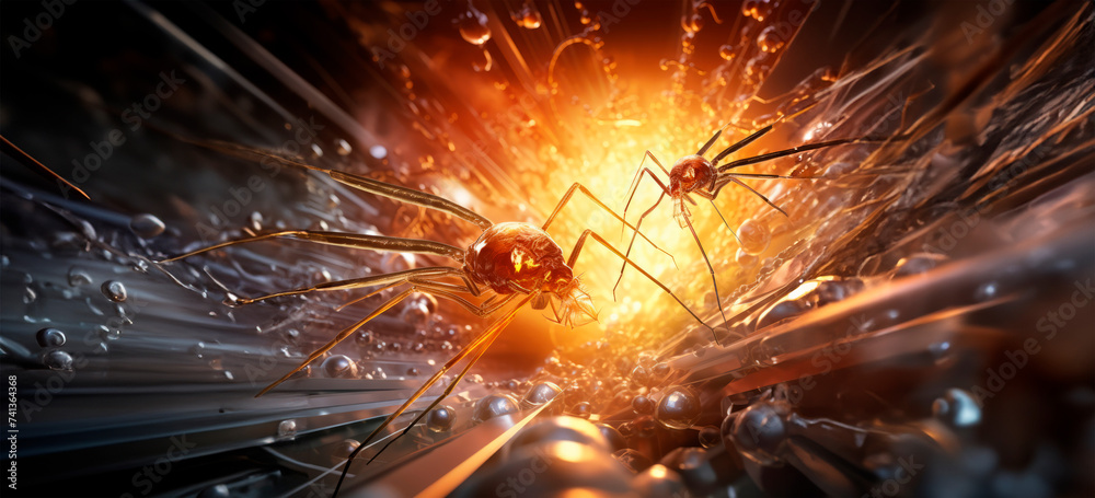 Dynamic scene of two spiders amidst a fiery explosion, suggesting ...