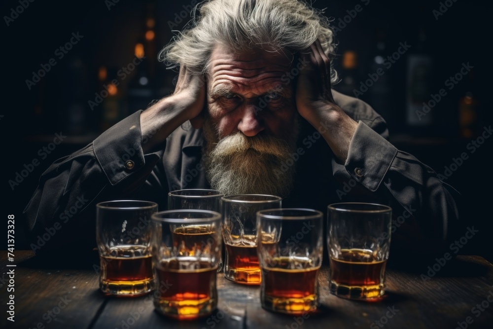 Sad man contemplating life while drinking whiskey, coping with troubles ...