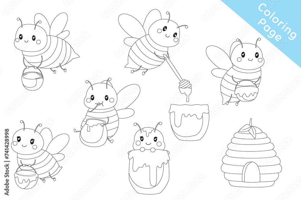 Cute bees black and white outline cartoon vector for kids coloring page ...