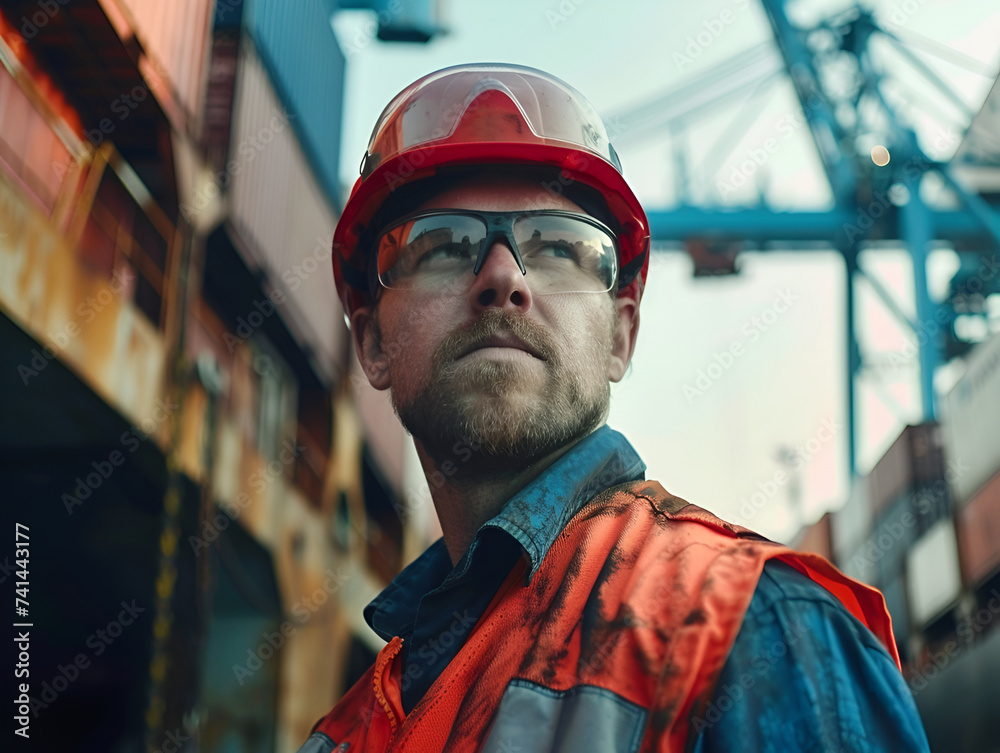 Industrial worker with hard hat at port, gazing up with determination ...