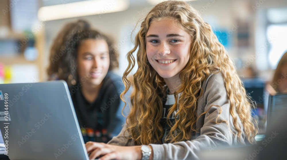 Stock-Foto „Female high school student learning coding on laptop during ...