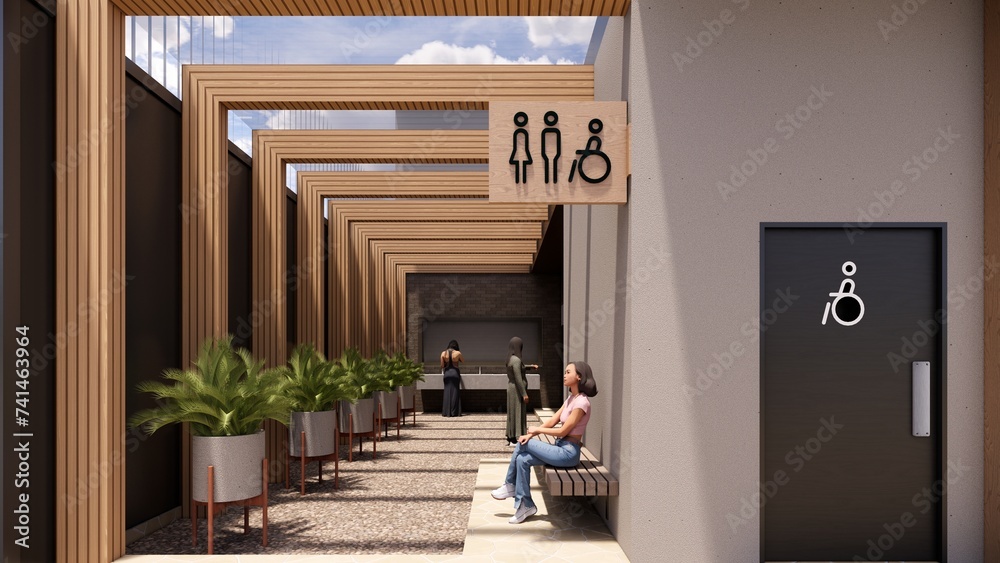 Inclusive green toilet exterior 3D render. Modern public restroom ...