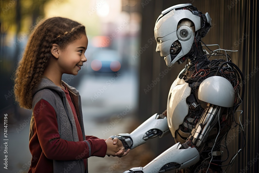 Smiling cute little girl looking at robot in the street. A child ...