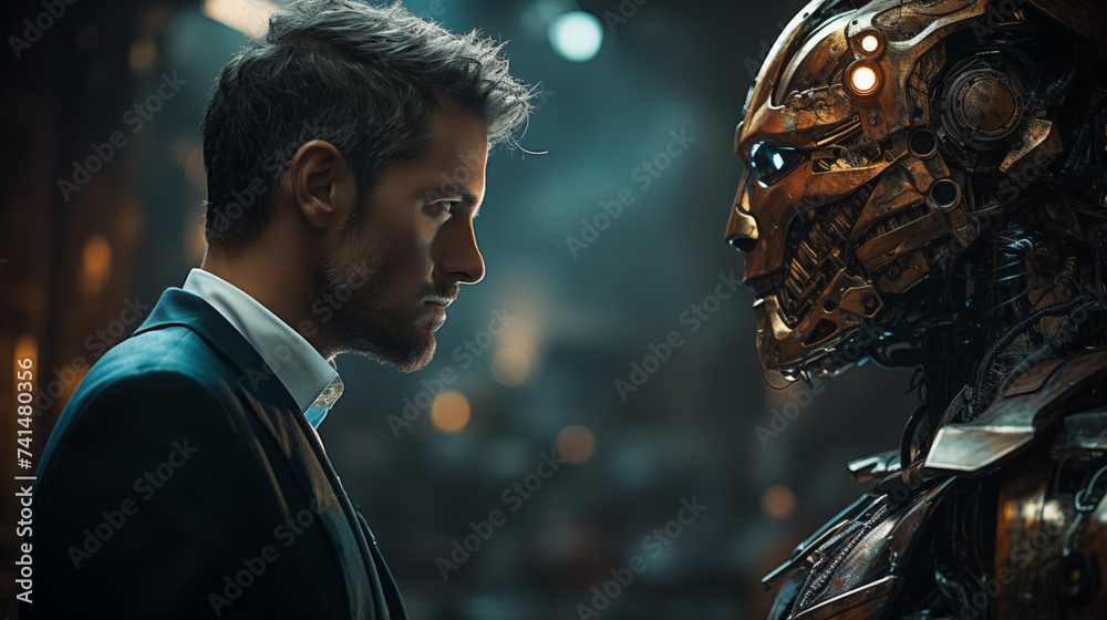 Man and AI robot in close profile view, depicting a powerful moment of ...