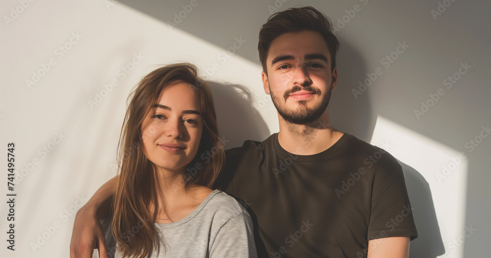 Young gen z couple standing together in sunlight, casual and stylish ...