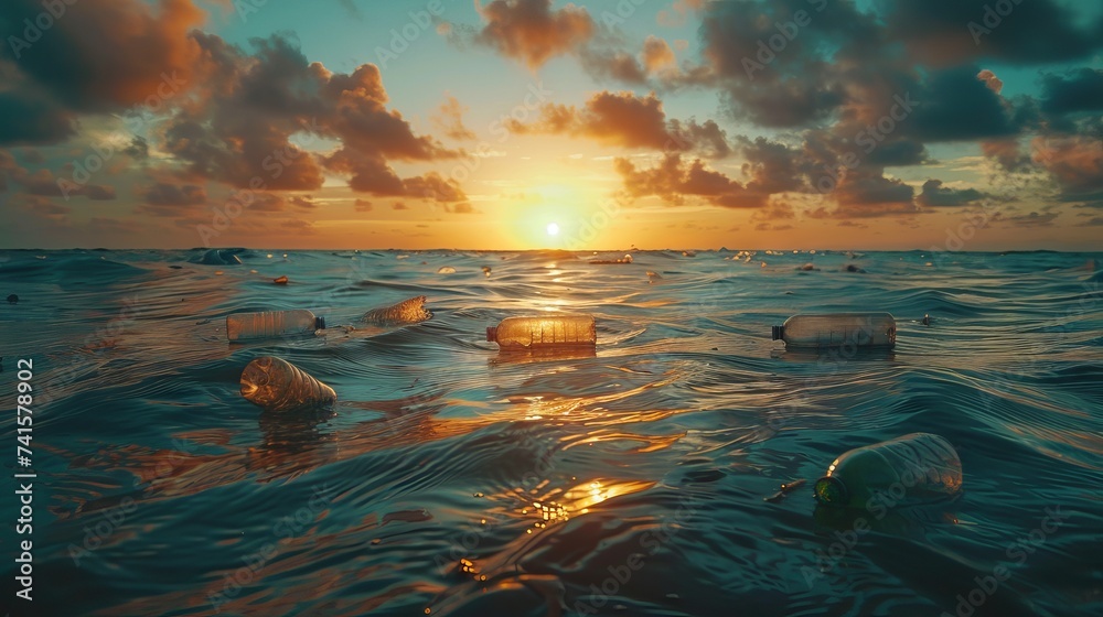 Plastic Bottles Floating on Ocean Surface at Sunset. Plastic waste ...
