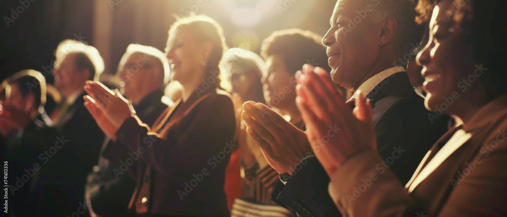Audience clapping warmly, captured in a glow of satisfaction and shared ...