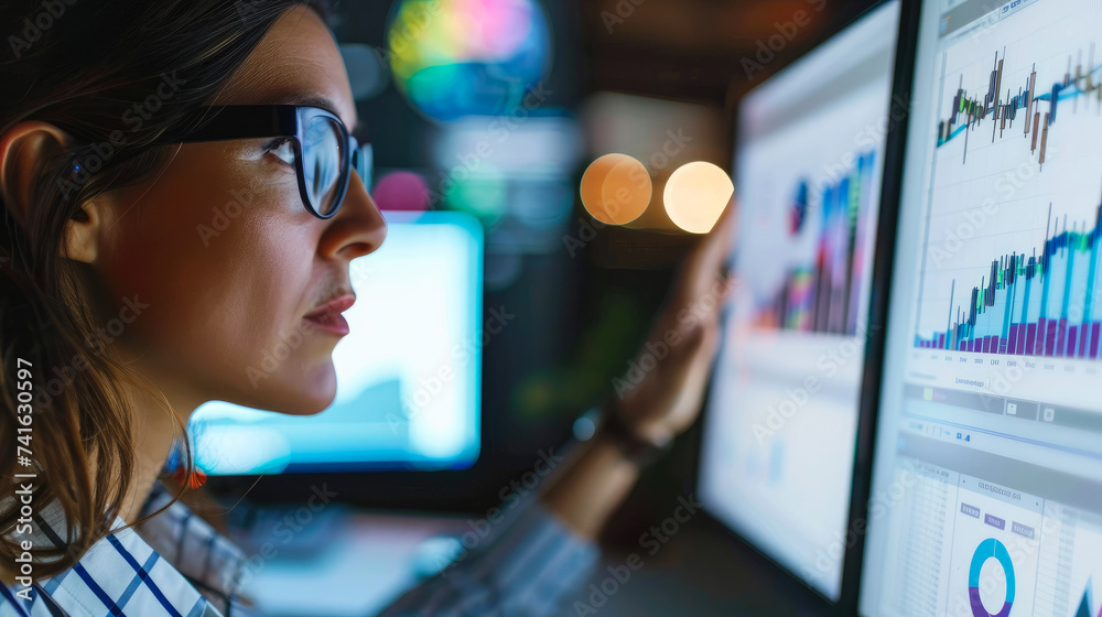 A focused woman with glasses gazes intently at her computer screen, her face illuminated by the ...