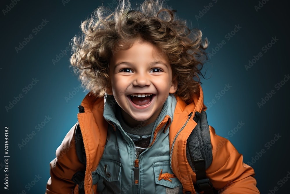 With a gleeful expression and a backpack in hand, a cheerful little bot ...