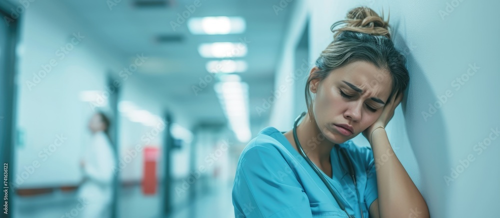 Medical nurse is sitting down a the hospital corridor in frustration ...