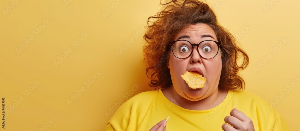 Young plus size woman holding potato chip stressed and frustrated with ...
