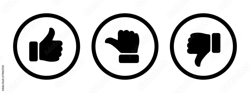 Like, dislike and neutral thumb symbols in black circle outline ...