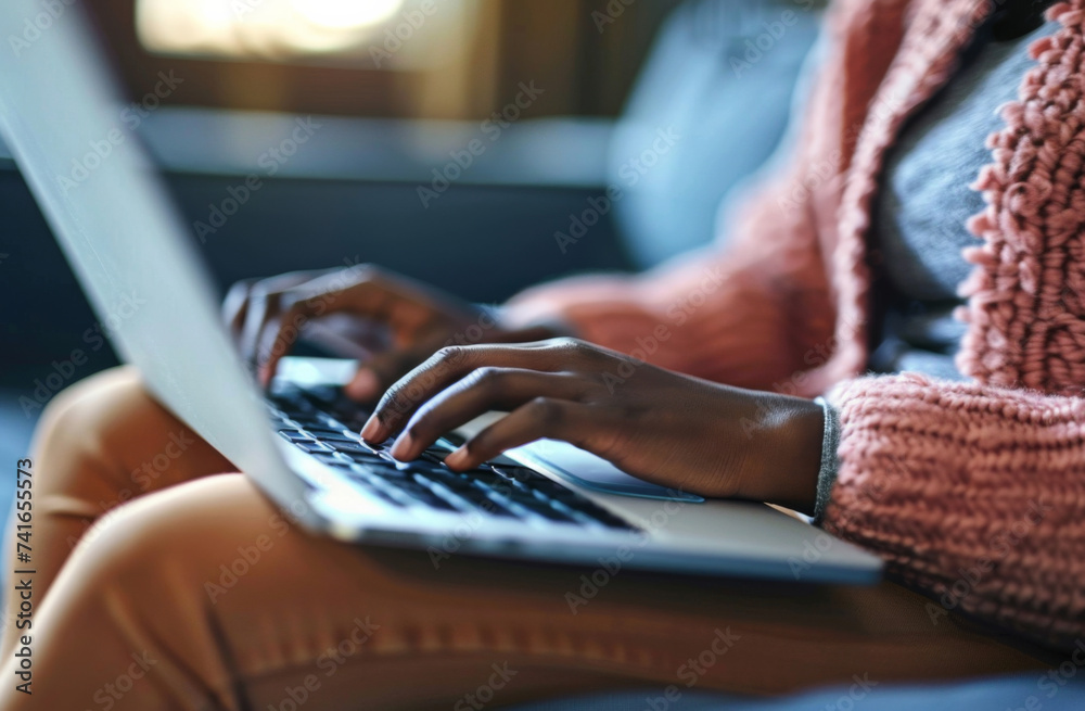 Laptop, hand and person typing an email or message for social media ...