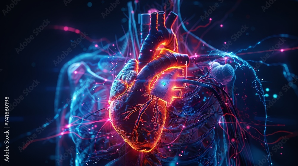An advanced, glowing visualization of the human heart and circulatory ...