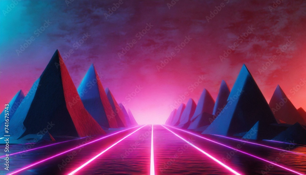 Synthwave retro cyberpunk style landscape background banner or ...