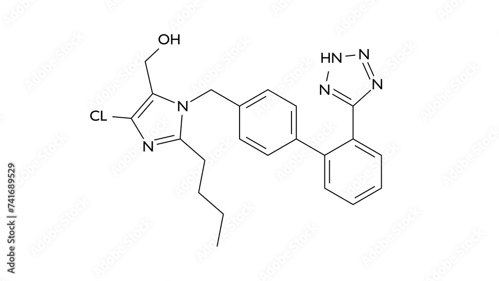 losartan molecule, structural chemical formula, ball-and-stick model ...
