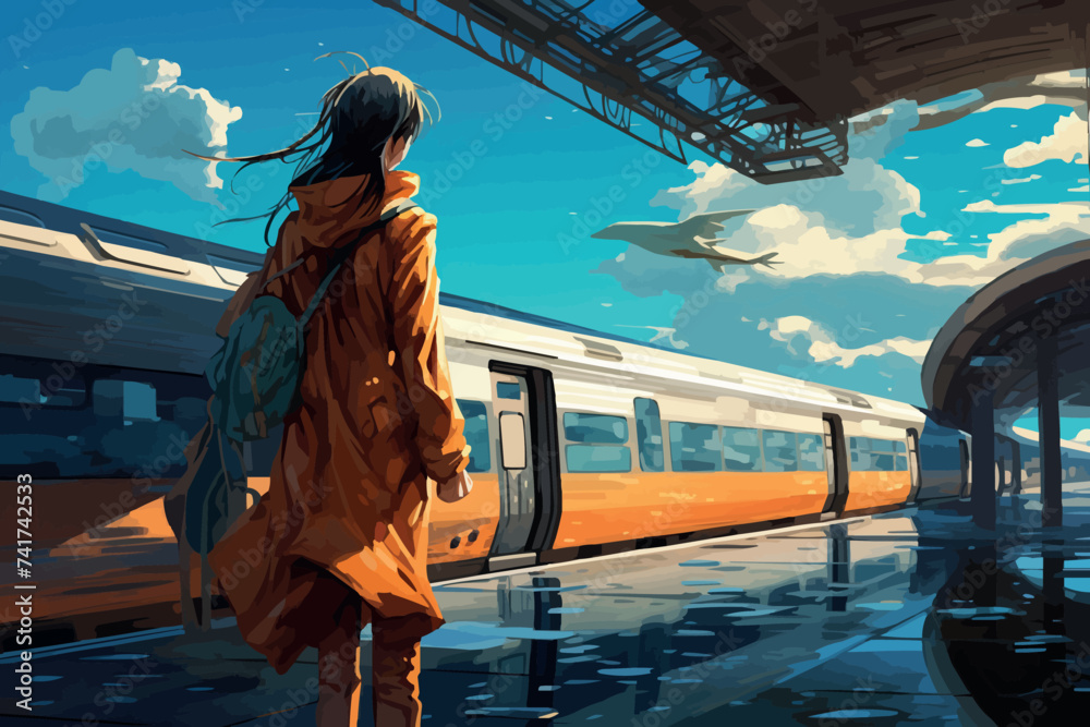 anime girl watching sunset on rail line digital art, painting, anime ...