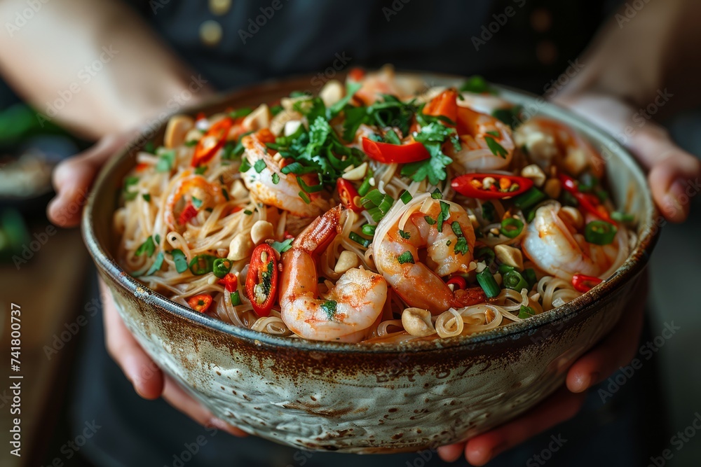 Comida china para llevar con gambas y vegetales. Comida rápida ...