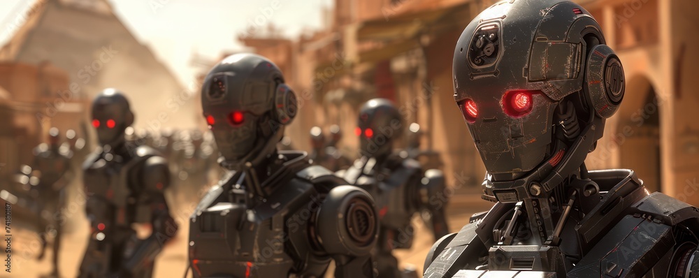 Red eyed AI robots leading a mafia gang in a sci fi cityscape plotting ...