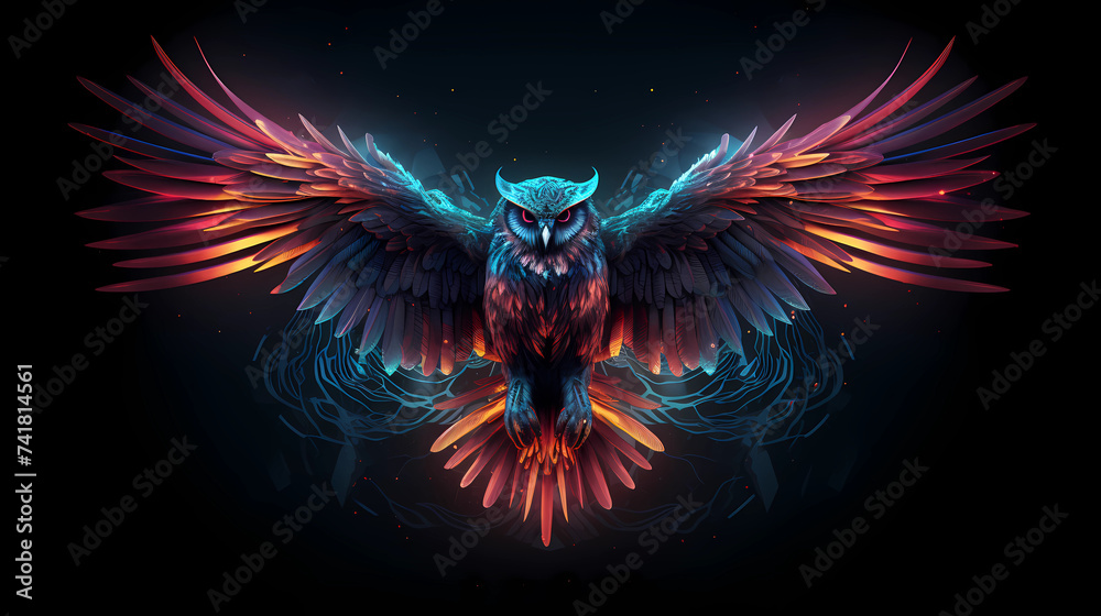 Flying Owl Animal Plexus Neon Black Background Digital Desktop ...