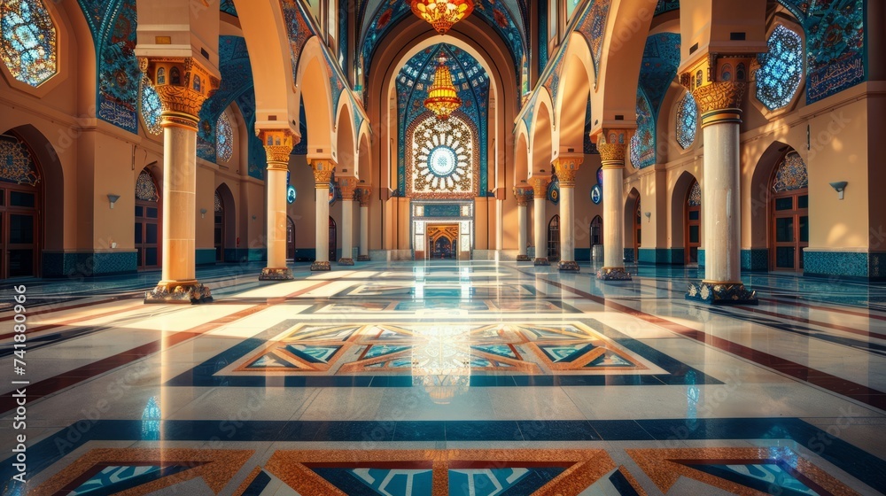 Mosque's interior adorned with intricate tile work and geometric ...