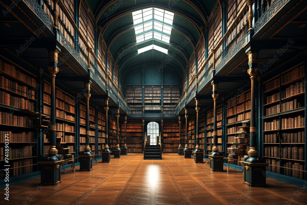 Empty book hall in a library. Books stacked on bookshelves in ...