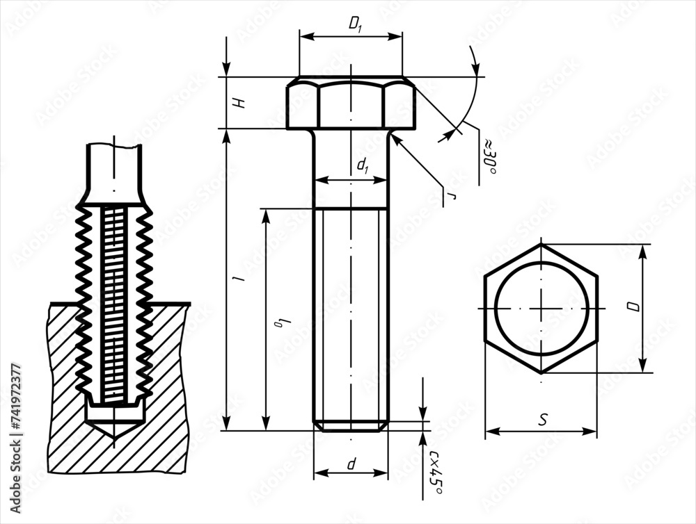 Vector engineering cad drawing of a mechanical part (steel bolt) with ...