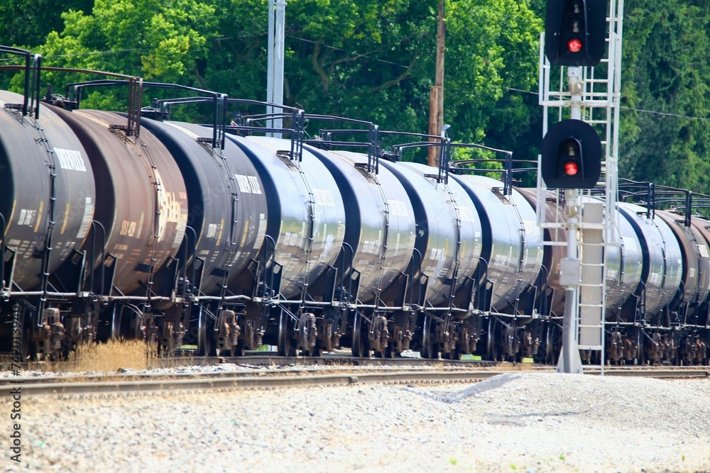 Hazardous chemical cargo in railway train cars. Bellevue, Ohio, USA ...