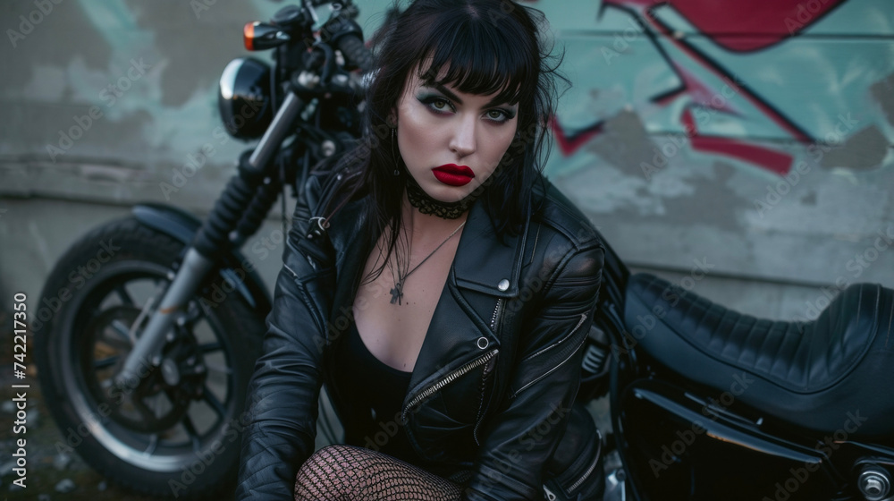 With a black motorcycle jacket ripped fishnet stockings and a bold red ...