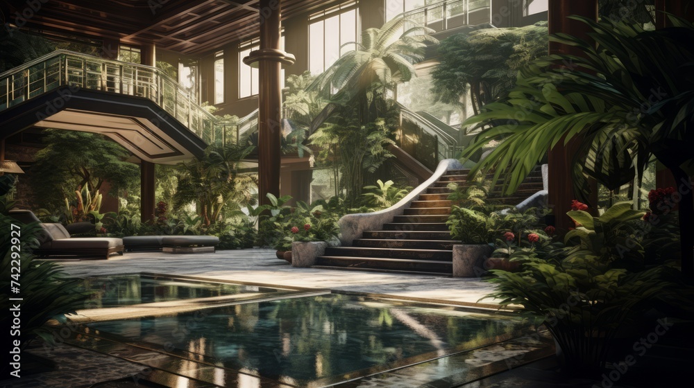 Generative AI Elegant atrium featuring lush indoor gardens and ...