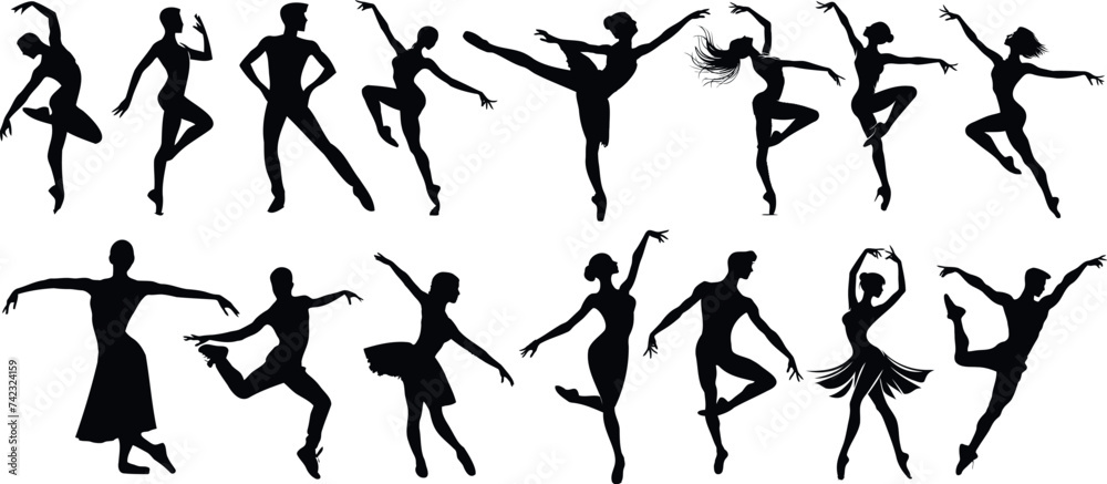 Dancer silhouettes, ballet, modern dance positions. Dynamic, elegant ...