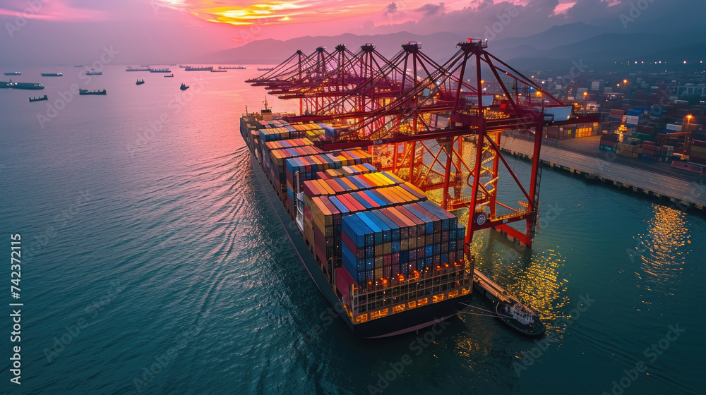 Container ship terminal carrying container boxes, global logistics ...