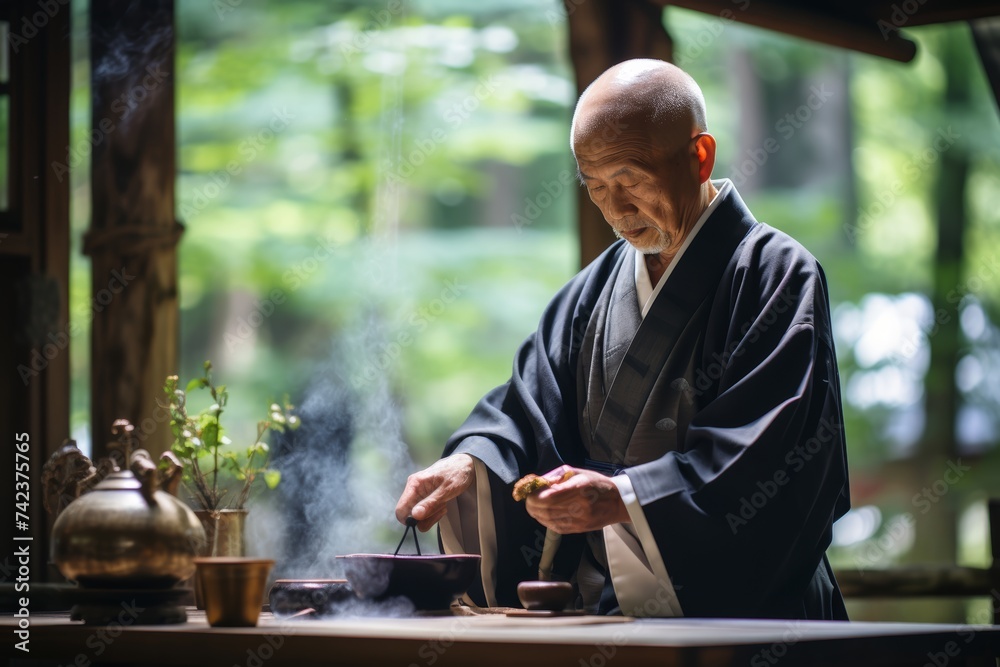 Senior Shinto priest in his 70s conducting a purification ceremony at a ...