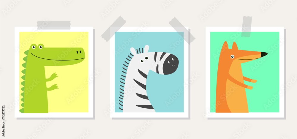Alligator Crocodile, zebra, fox face in the corner. Hand drawn posters ...