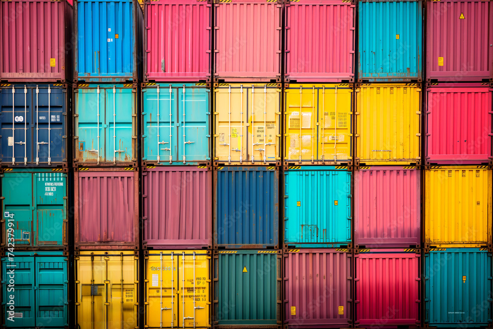 Colorful shipping containers stacked in a rectangular pattern, painted ...