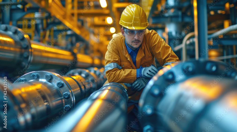 industrial worker stand confidently in sprawling manufacturing plant ...