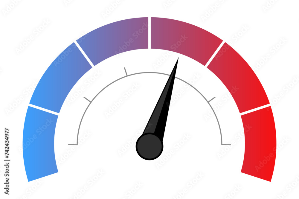 Speedometer with color scale and above average value. Measure, needle ...