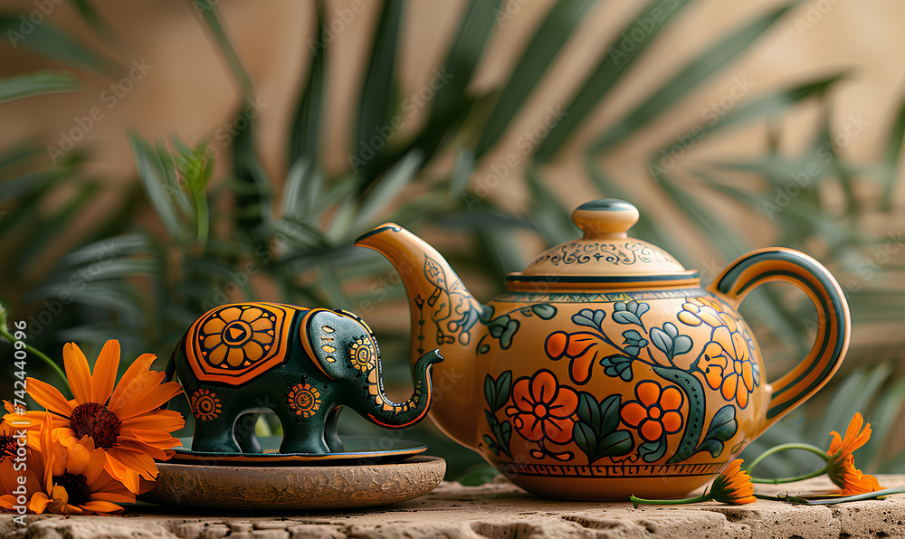 Ceramic teapot with elephant figure in Asian style. Pottery and tea ...