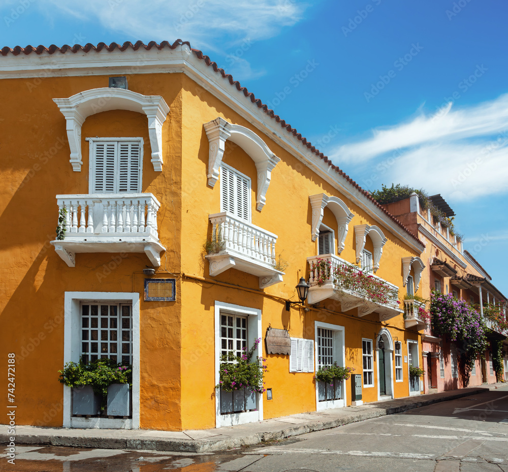 Beautiful building in historic city Cartagena de Indias with beautiful ...