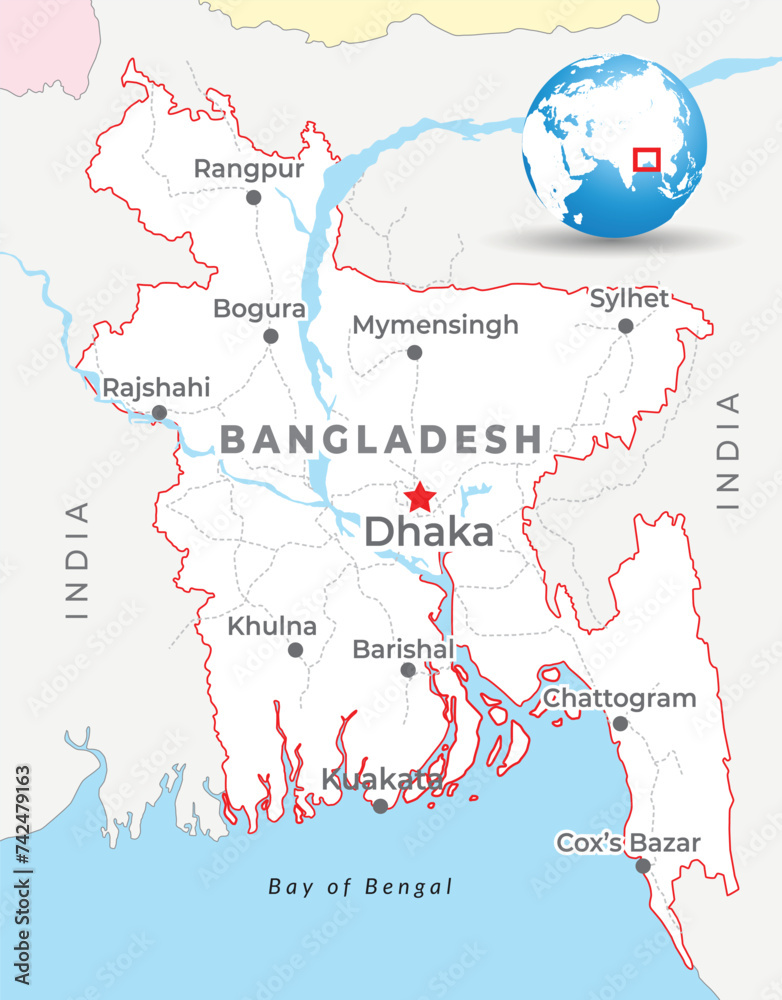 Bangladesh map with capital Dhaka, most important cities and national ...